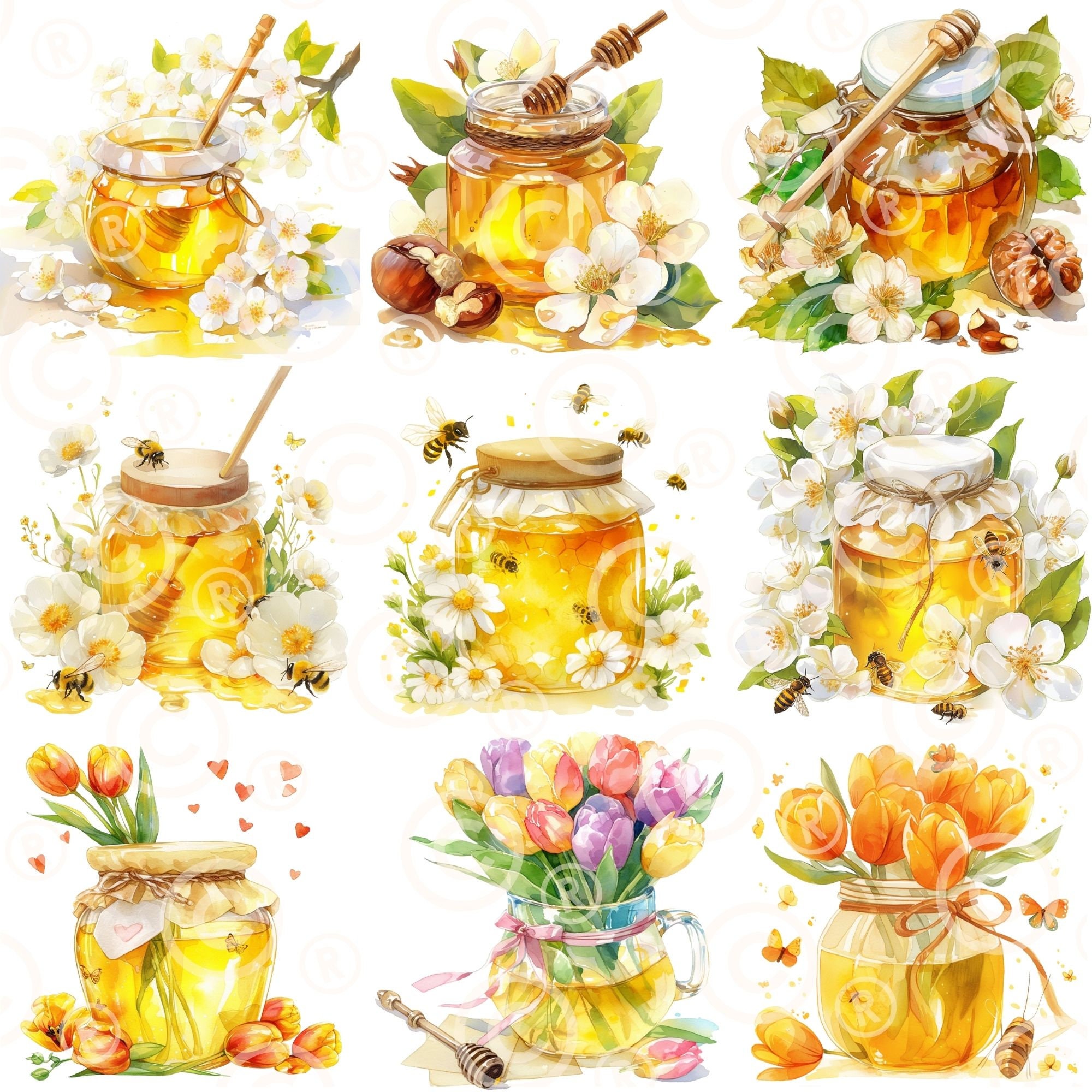 Watercolor Sweet Honey Clipart - 82 Png Clipart, Whimsical Springtime ...