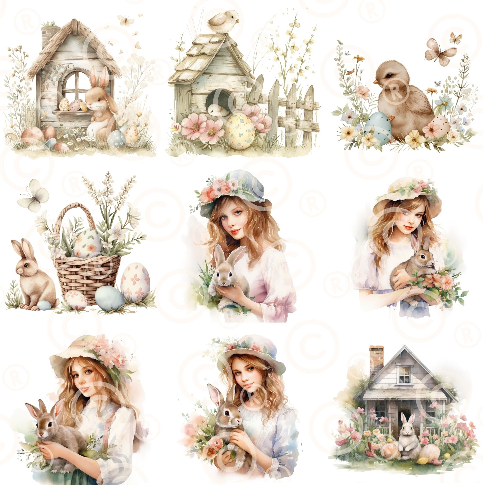 Classic Easter Vintage Watercolor Clipart Bundle, 81 Png Easter Images ...