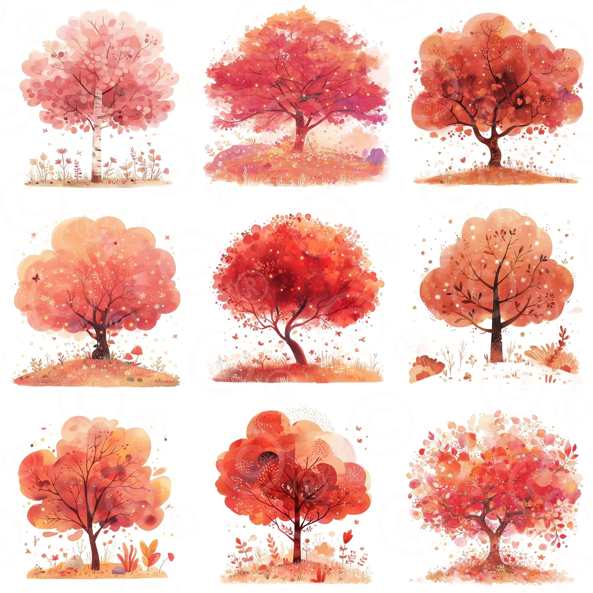 Enchanted Forest Ruby Red Tree Clipart, Watercolor Fairy Tree ...