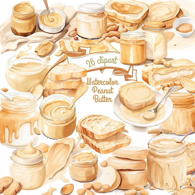 Peanut Butter Clipart Bundle, Watercolor Clipart PNG, Food Clipart ...
