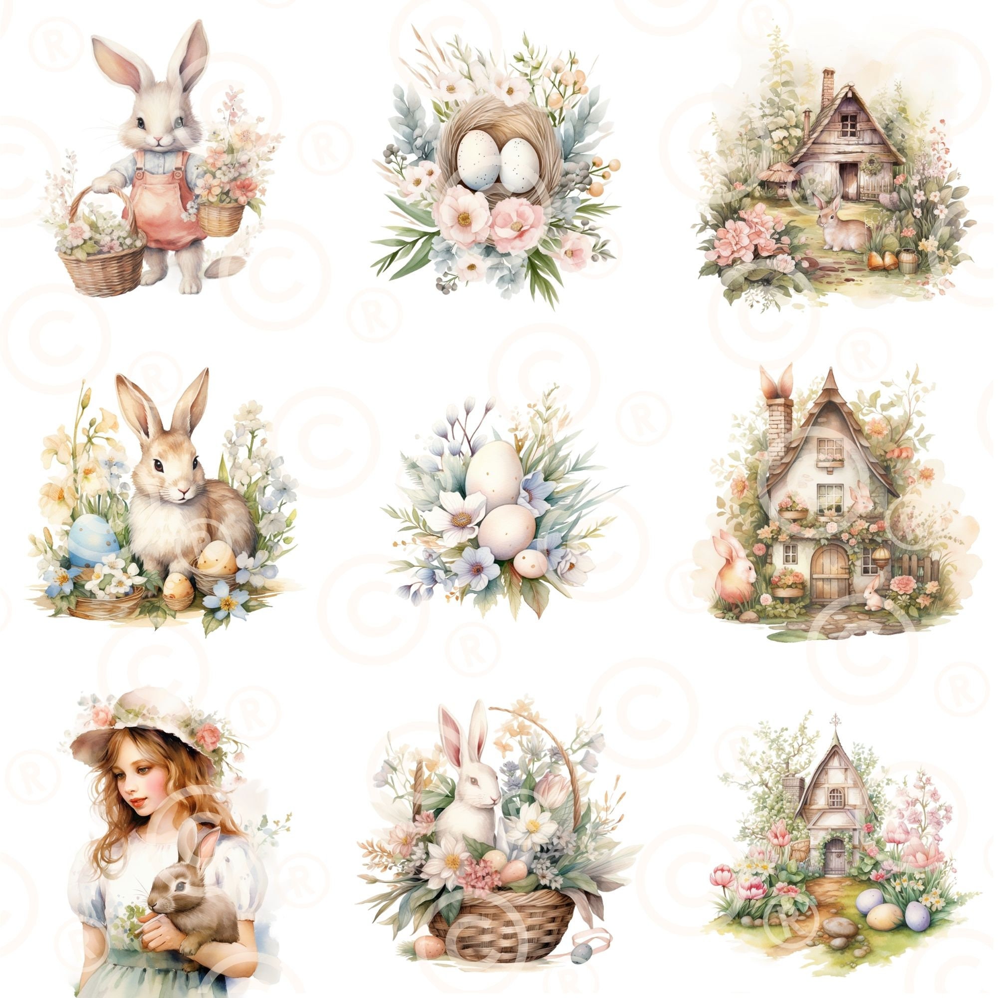 Classic Easter Vintage Watercolor Clipart Bundle, 81 Png Easter Images ...
