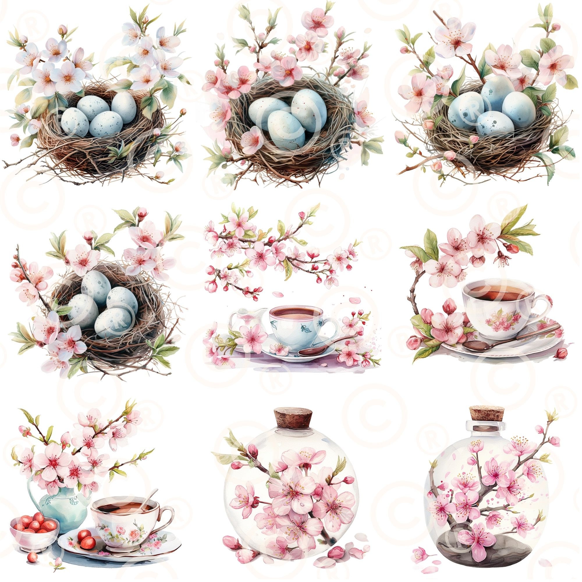Watercolor Sakura Easter Clipart Bundle, 62 Png Easter Images, Eye ...