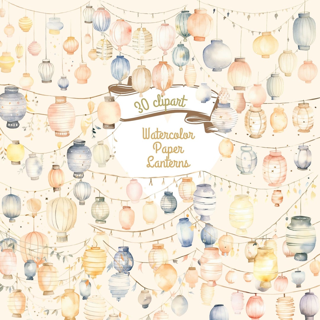 Watercolor Paper Lanterns Clipart Bundle- 30 Watercolor Clipart ...