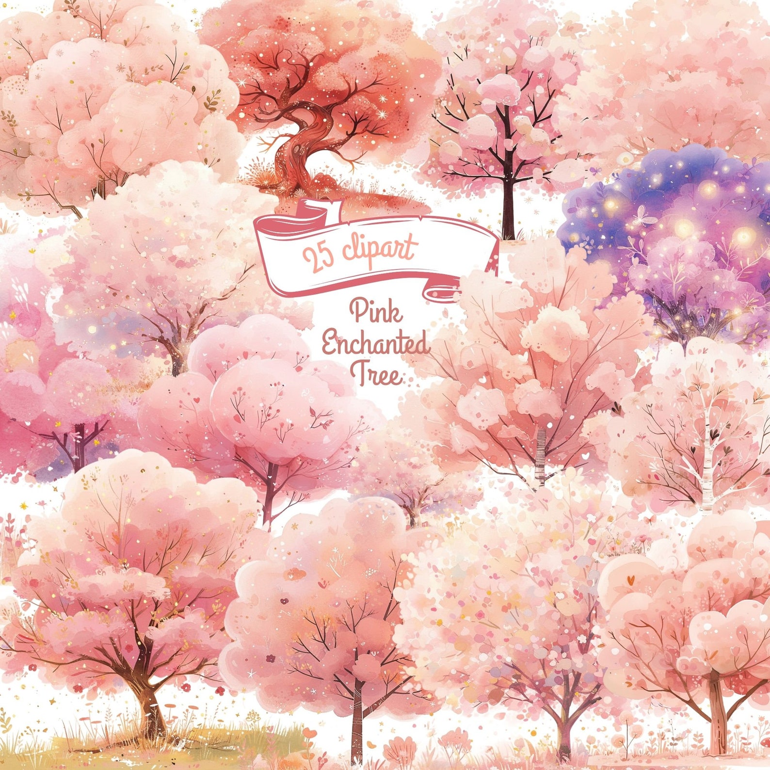 Enchanted Forest Pink Tree Clipart, Watercolor Fairy Tree Characters ...