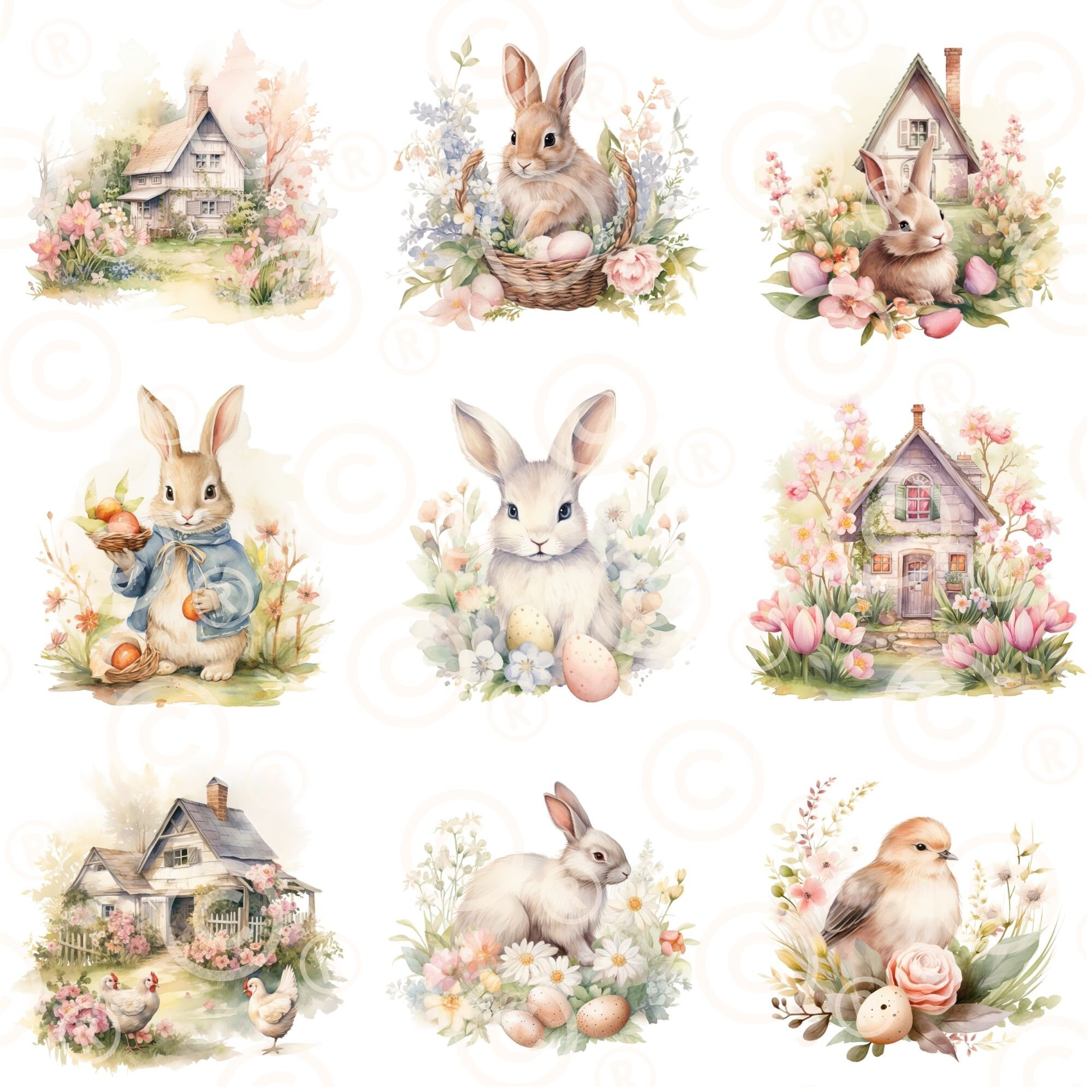 Classic Easter Vintage Watercolor Clipart Bundle, 81 Png Easter Images ...