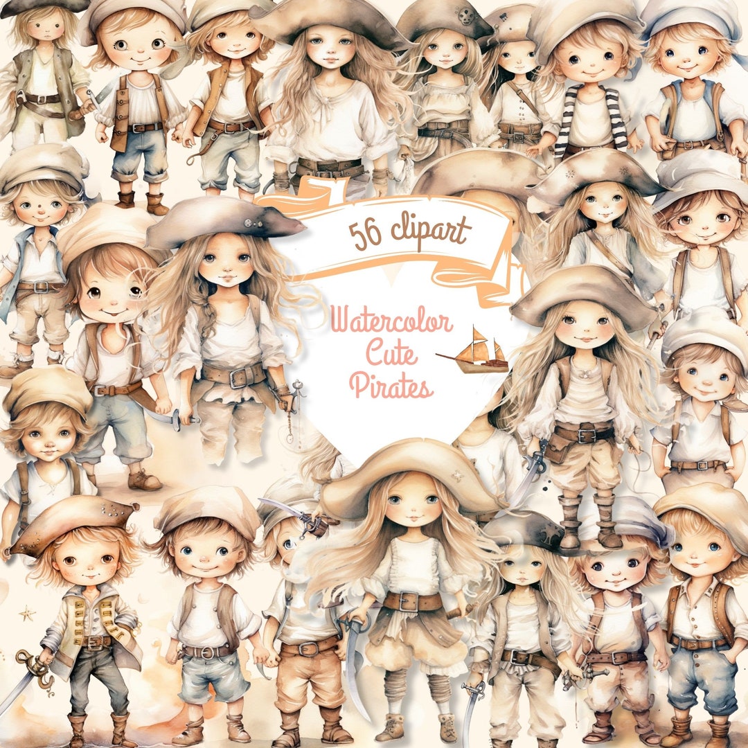 Adorable Pirates Clipart Bundle, Watercolor Clipart PNG, Scalleywags ...