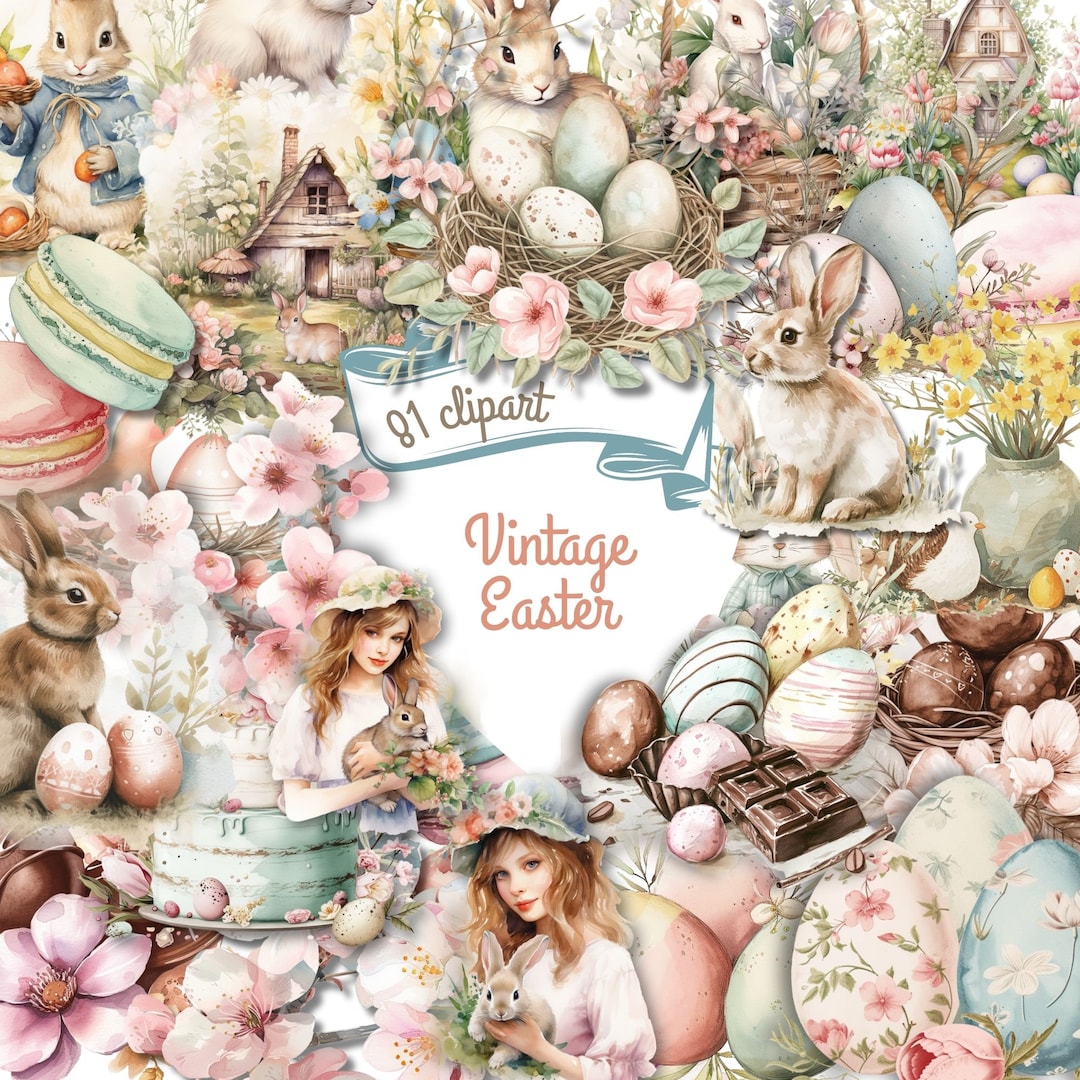 Classic Easter Vintage Watercolor Clipart Bundle, 81 Png Easter Images ...