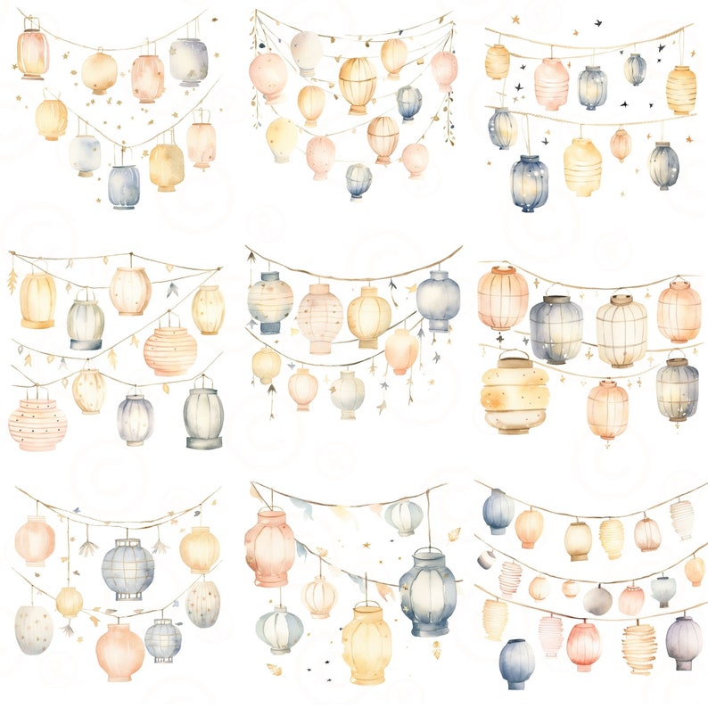 Watercolor Paper Lanterns Clipart Bundle- 30 Watercolor Clipart ...