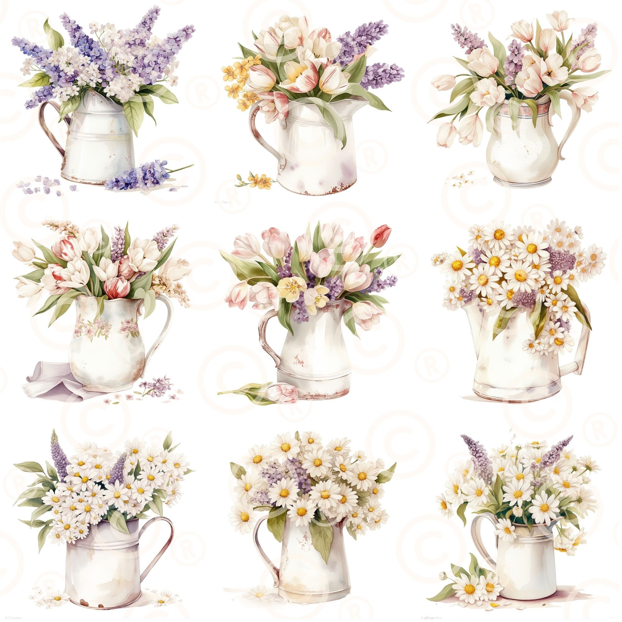 Shabby Chic Farmhouse Flowers Jugs Clipart Bundle- 31 Watercolor ...