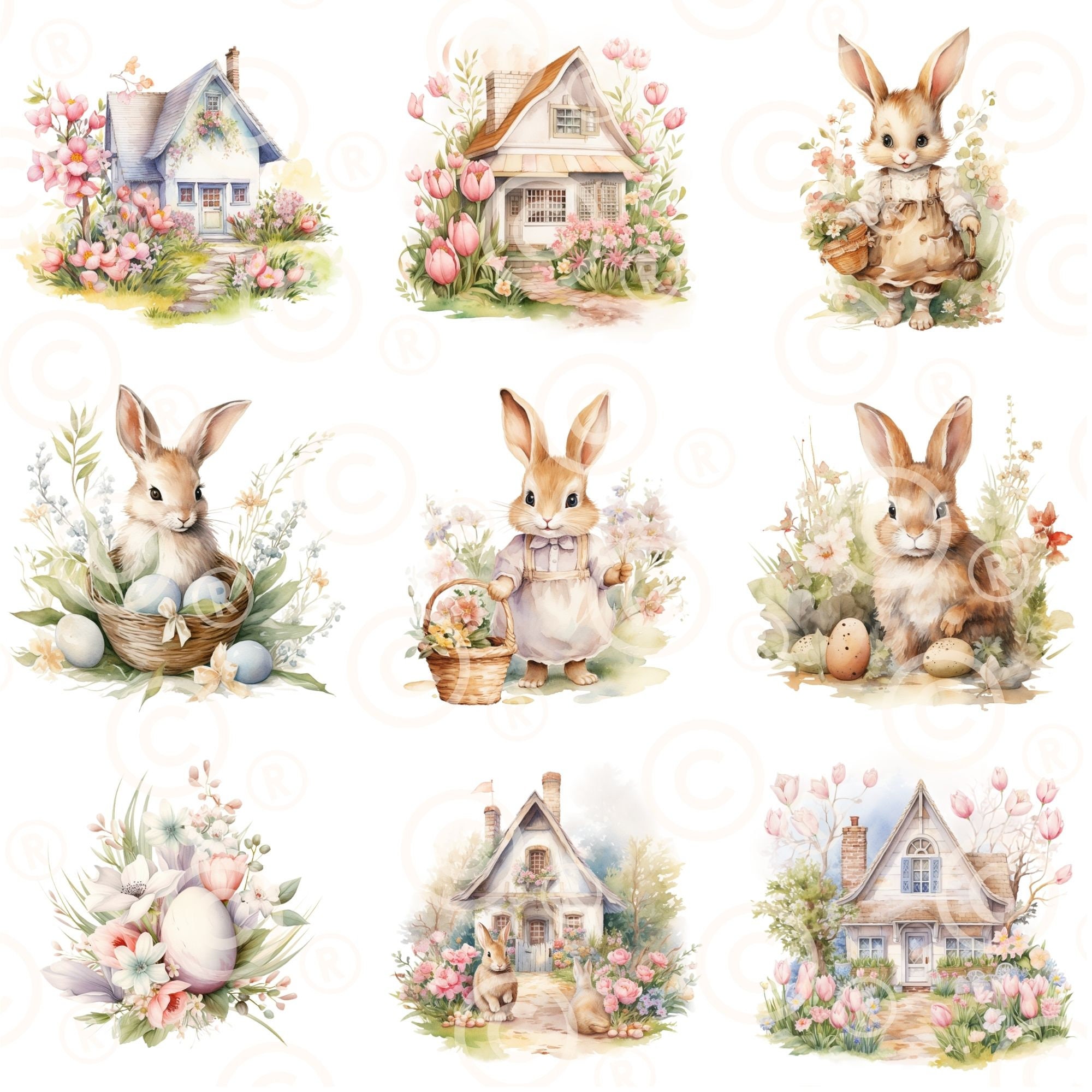 Classic Easter Vintage Watercolor Clipart Bundle, 81 Png Easter Images ...