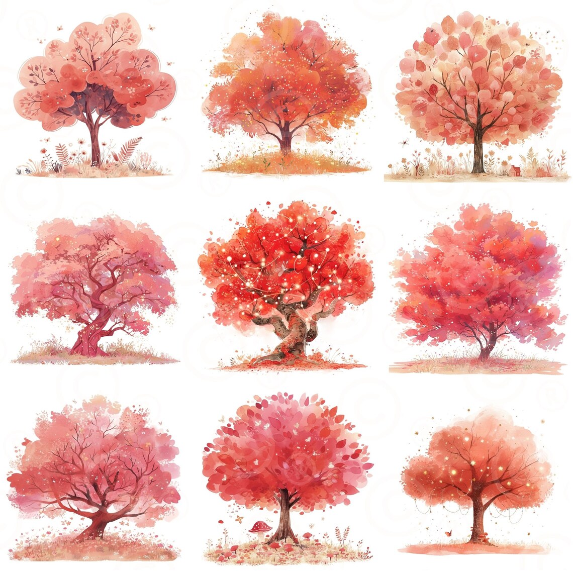 Enchanted Forest Ruby Red Tree Clipart, Watercolor Fairy Tree ...