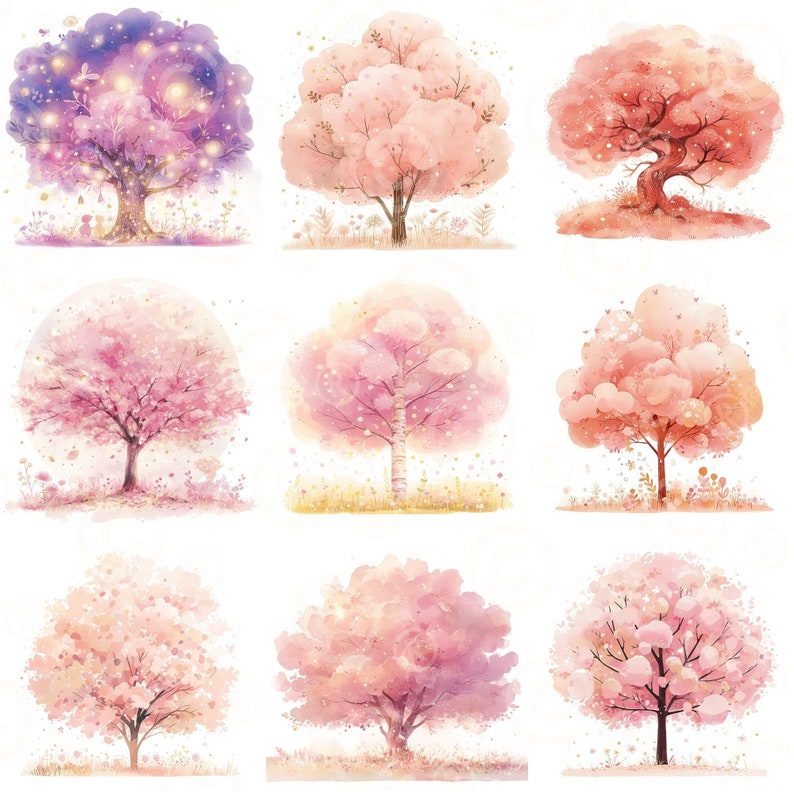 Enchanted Forest Pink Tree Clipart, Watercolor Fairy Tree Characters ...