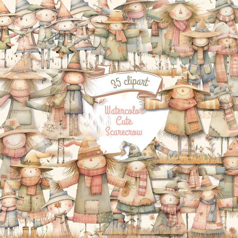 Watercolor Scarecrow Clipart, Autumn Clipart, PNG Clipart, Junk Journal ...