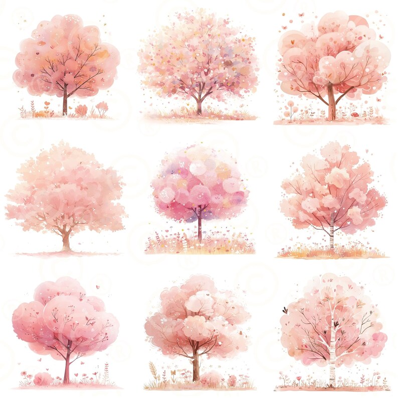 Enchanted Forest Pink Tree Clipart, Watercolor Fairy Tree Characters ...