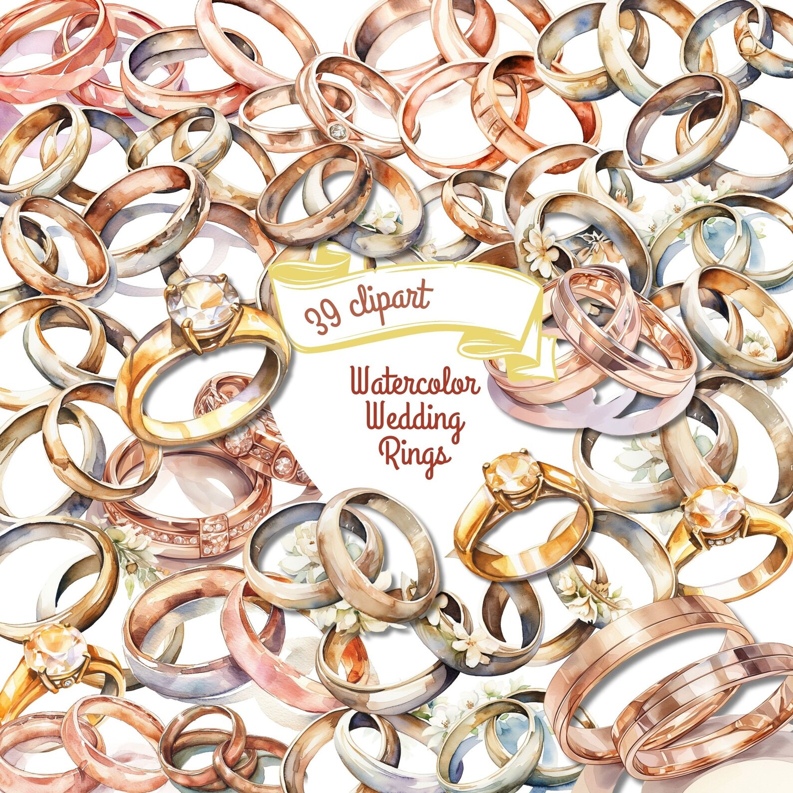 Watercolor Wedding Rings Clipart, Just Married PNG, Just Married Rings ...