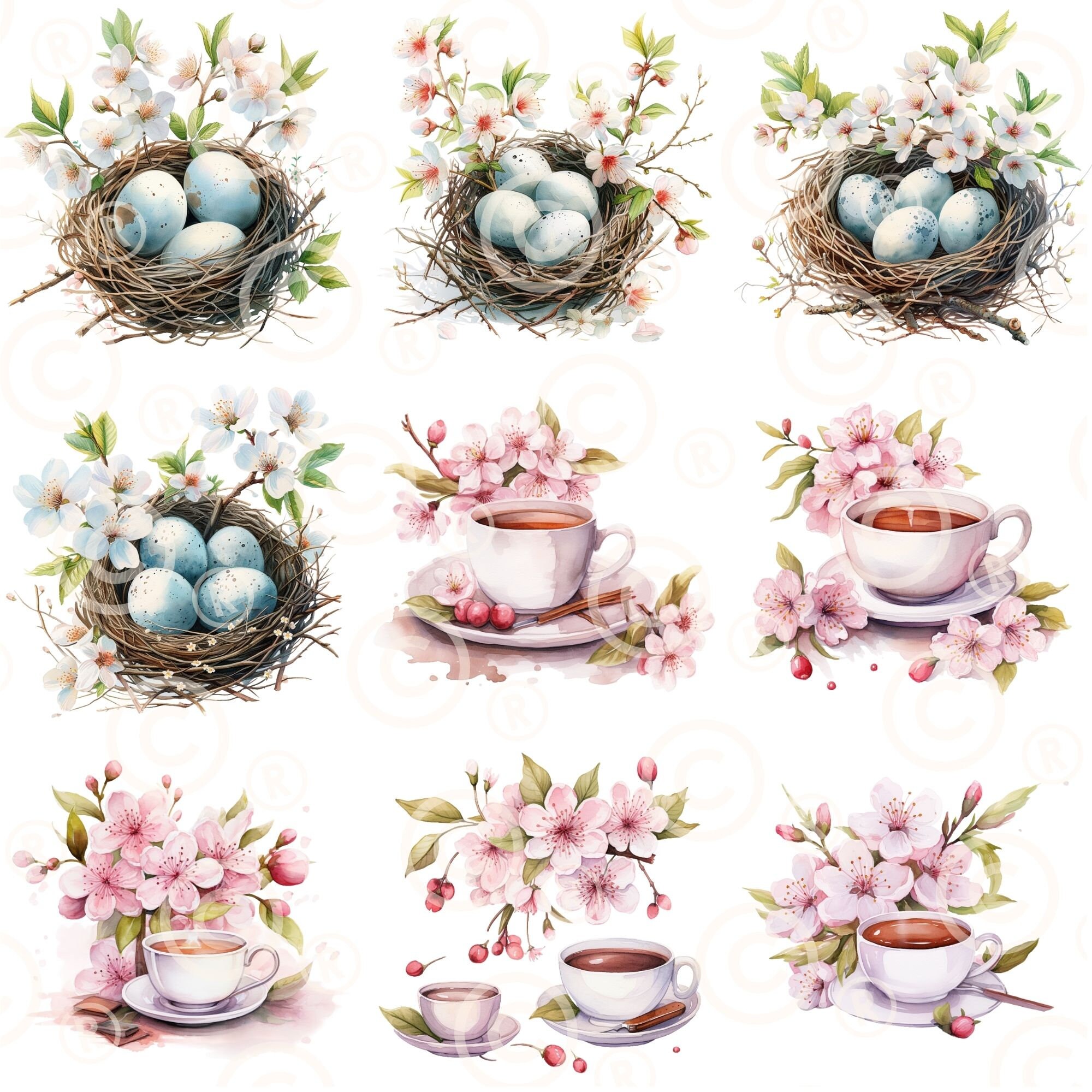 Watercolor Sakura Easter Clipart Bundle, 62 Png Easter Images, Eye ...