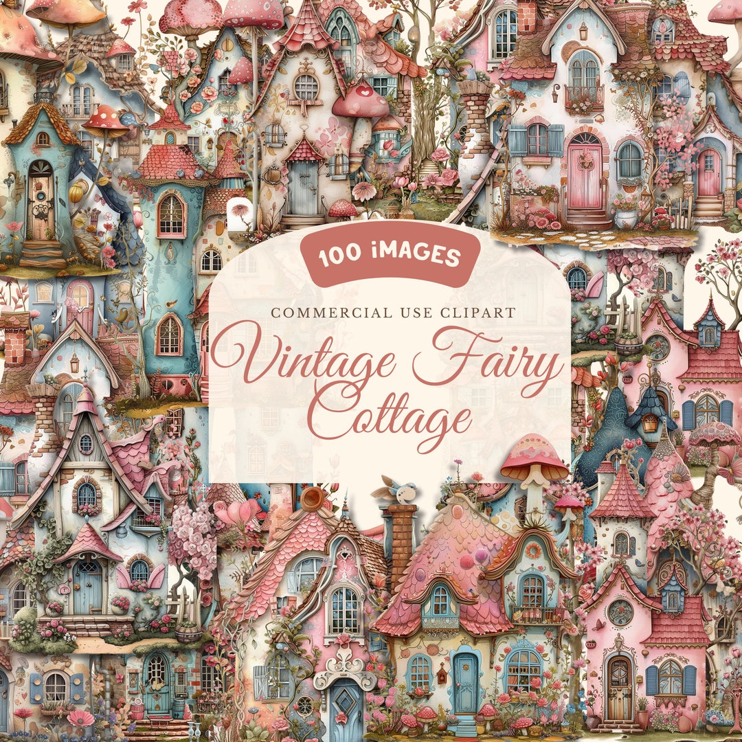 Vintage Fairy Cottage Clipart Bundle- 100 PNG Fairyland Images, Fairy ...