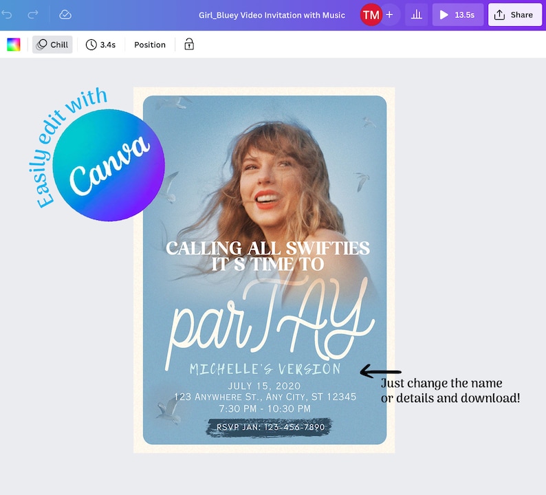 Editable Taylor Swift Party Invitation, Print or Digital File Available ...