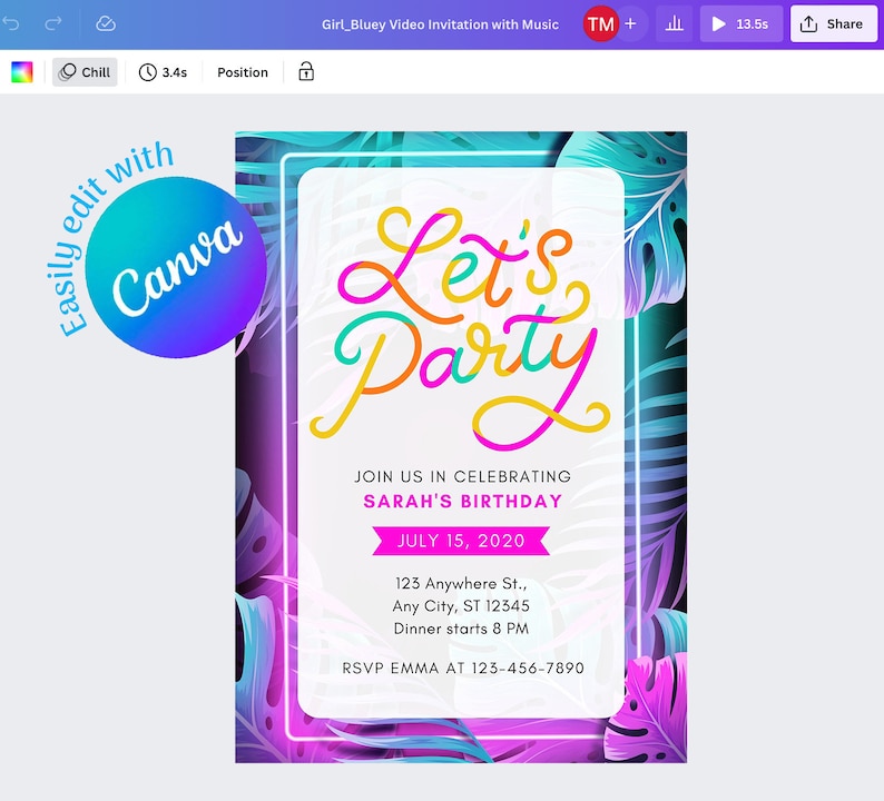 Editable Neon Party Invitation, Canva Editable, Digital or Print ...