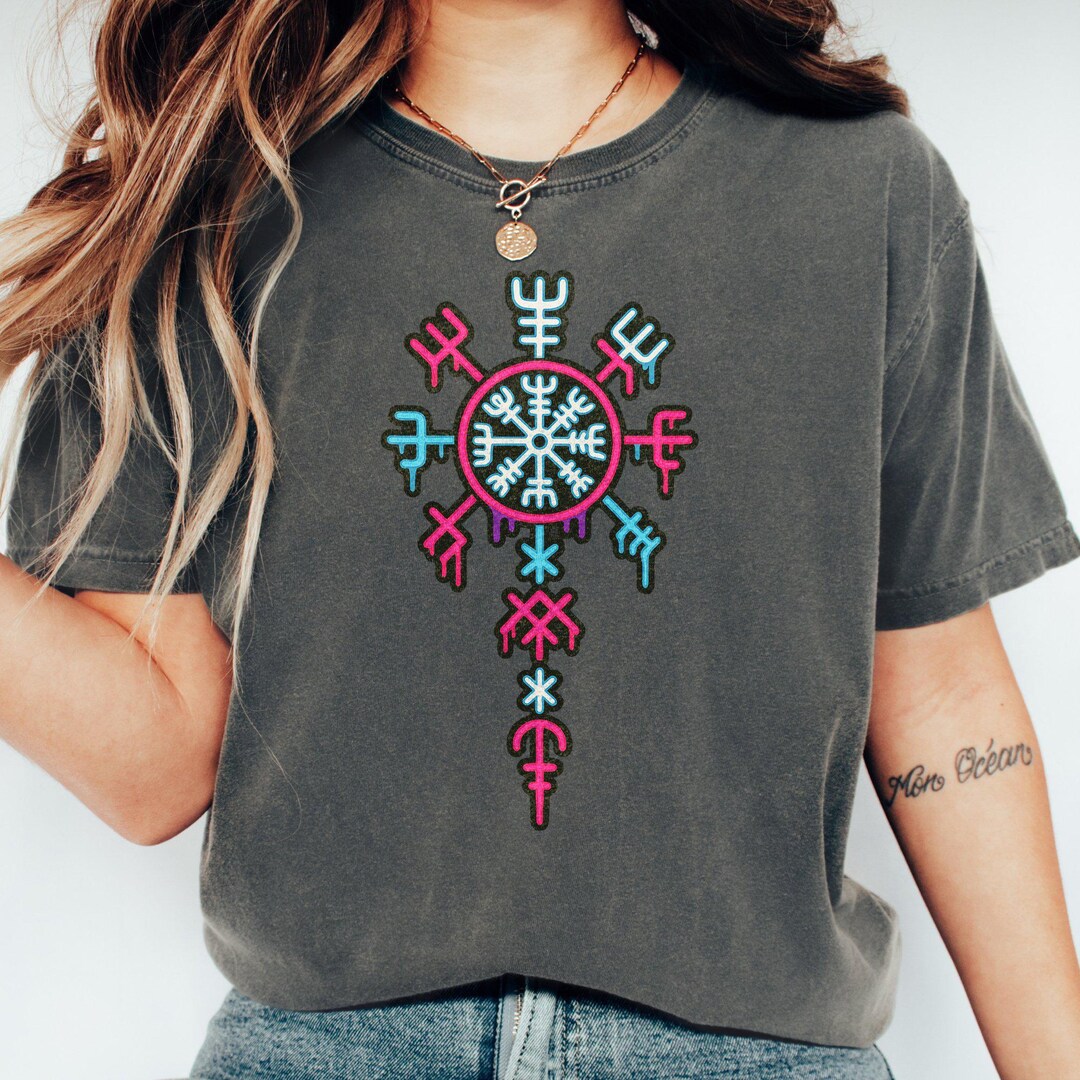 Neon Sigils T-shirt, Norse Vegvisir Symbol Tee, Magic Design, Gothic ...