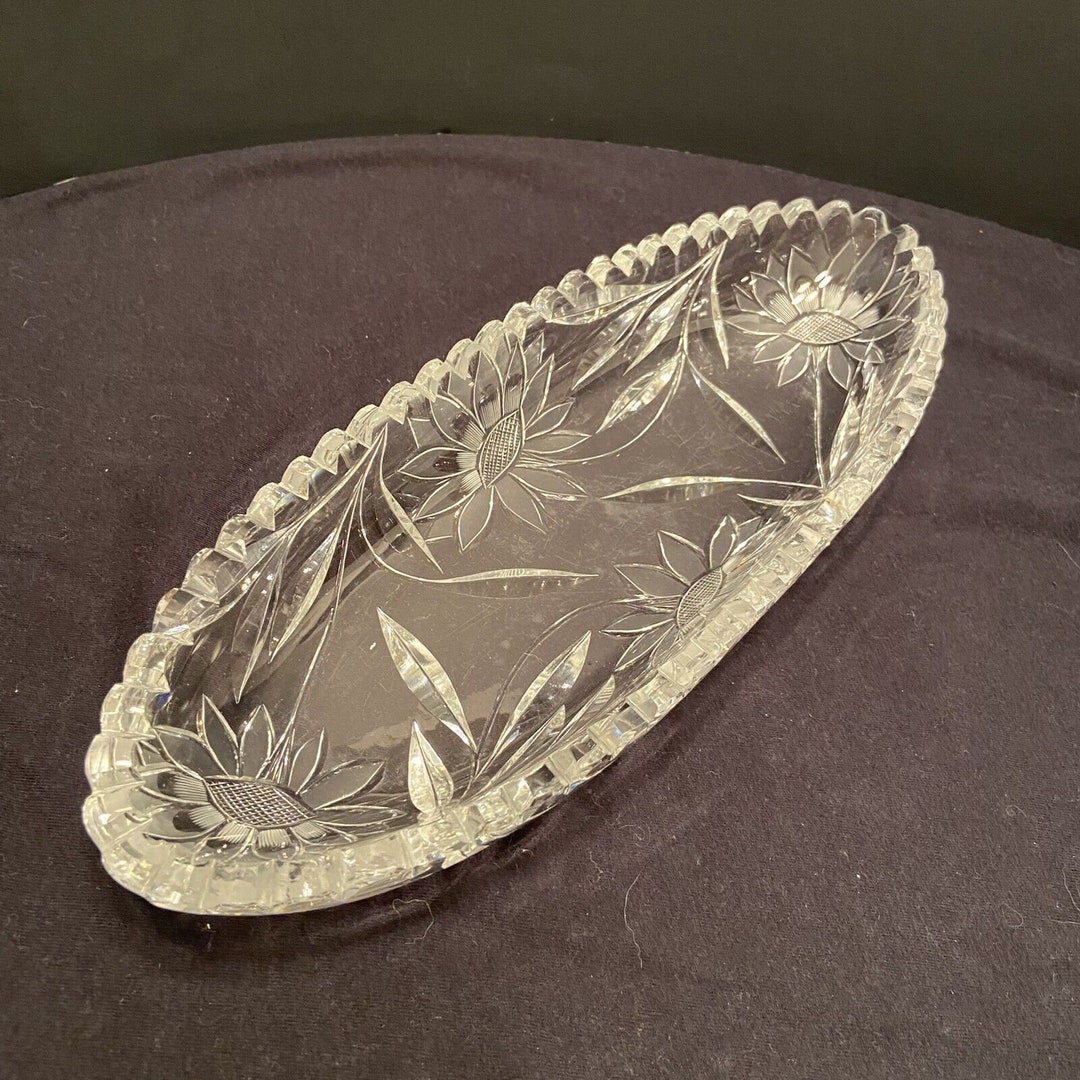 Etched Crystal Relish Dish | Daisy Flower Pattern | Mid-century Oval ...