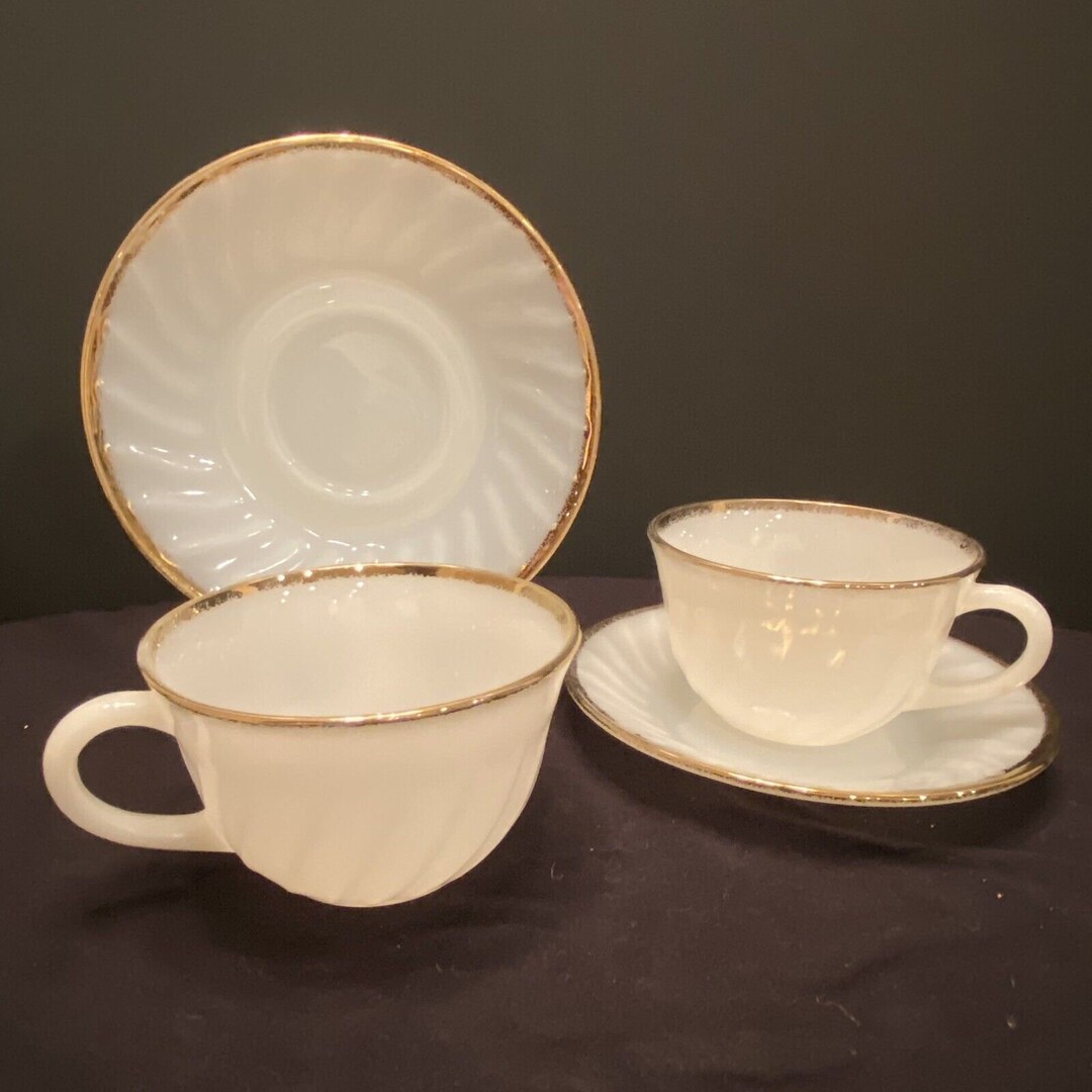 Vintage Fire-king Milk Glass Tea Cup and Saucer Set: Gold Rim MCM - Etsy
