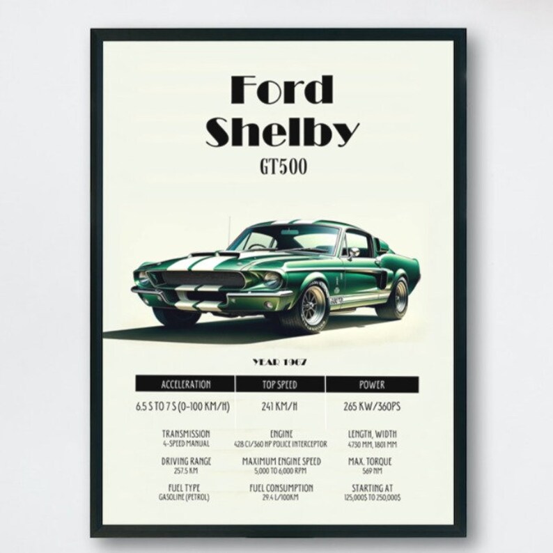 Ford Shelby GT500 1967 Car Poster, Digital Download, Gift for Men, Boys ...