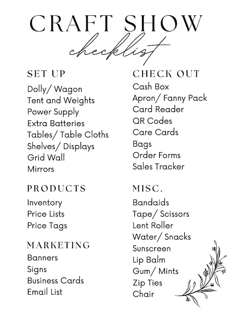 Craft Show Packing List, Craft Show Checklist, Market Packing List, for ...