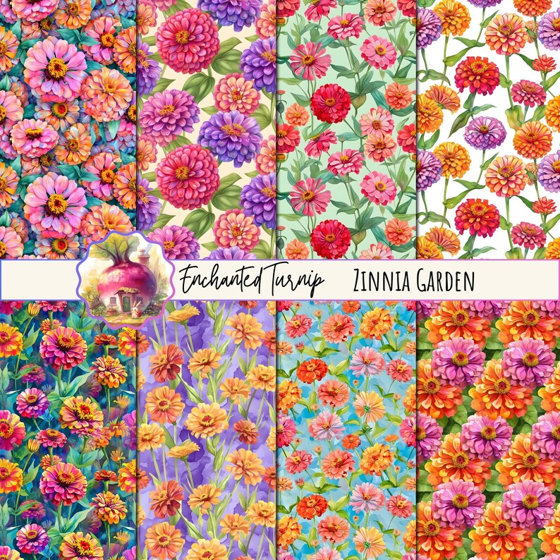 Zinnia Flower Garden Digital Paper Pack Set of 8 Seamless Pattern ...