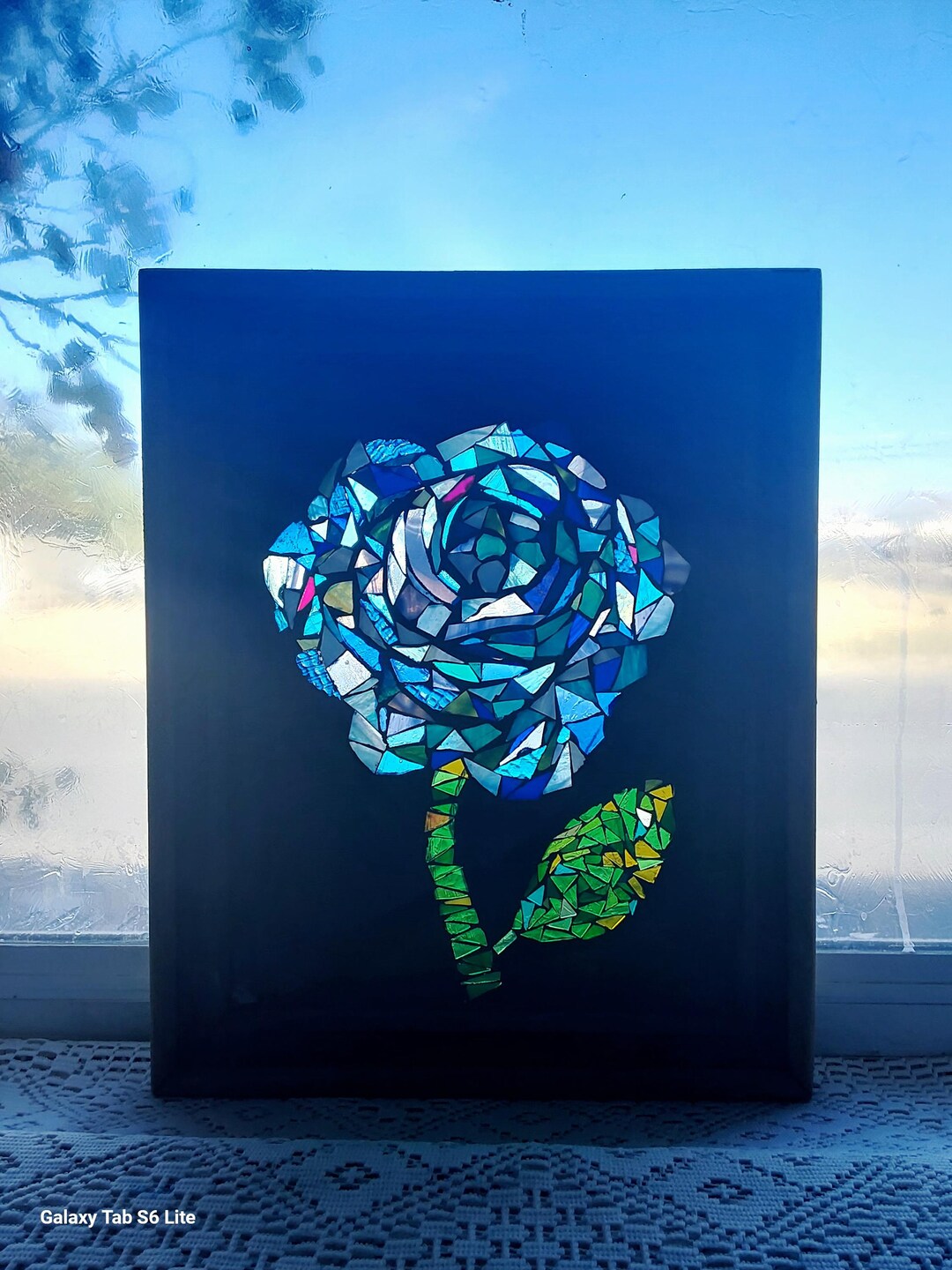 Handmade Stained Glass Blue Rose Mosaic - Wooden Frame Light Catcher - Etsy