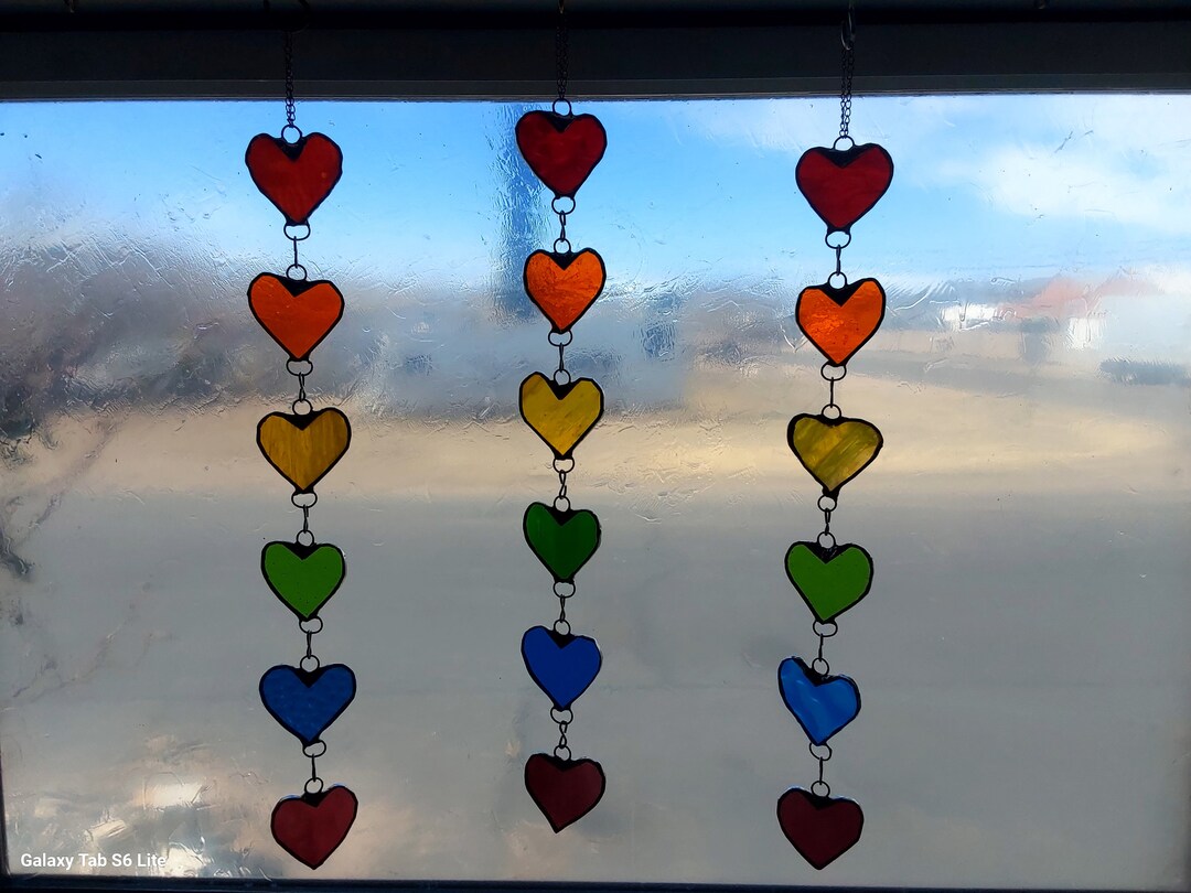 Stained Glass String of Hearts Suncatcher Rainbow Blue and Pinks ...