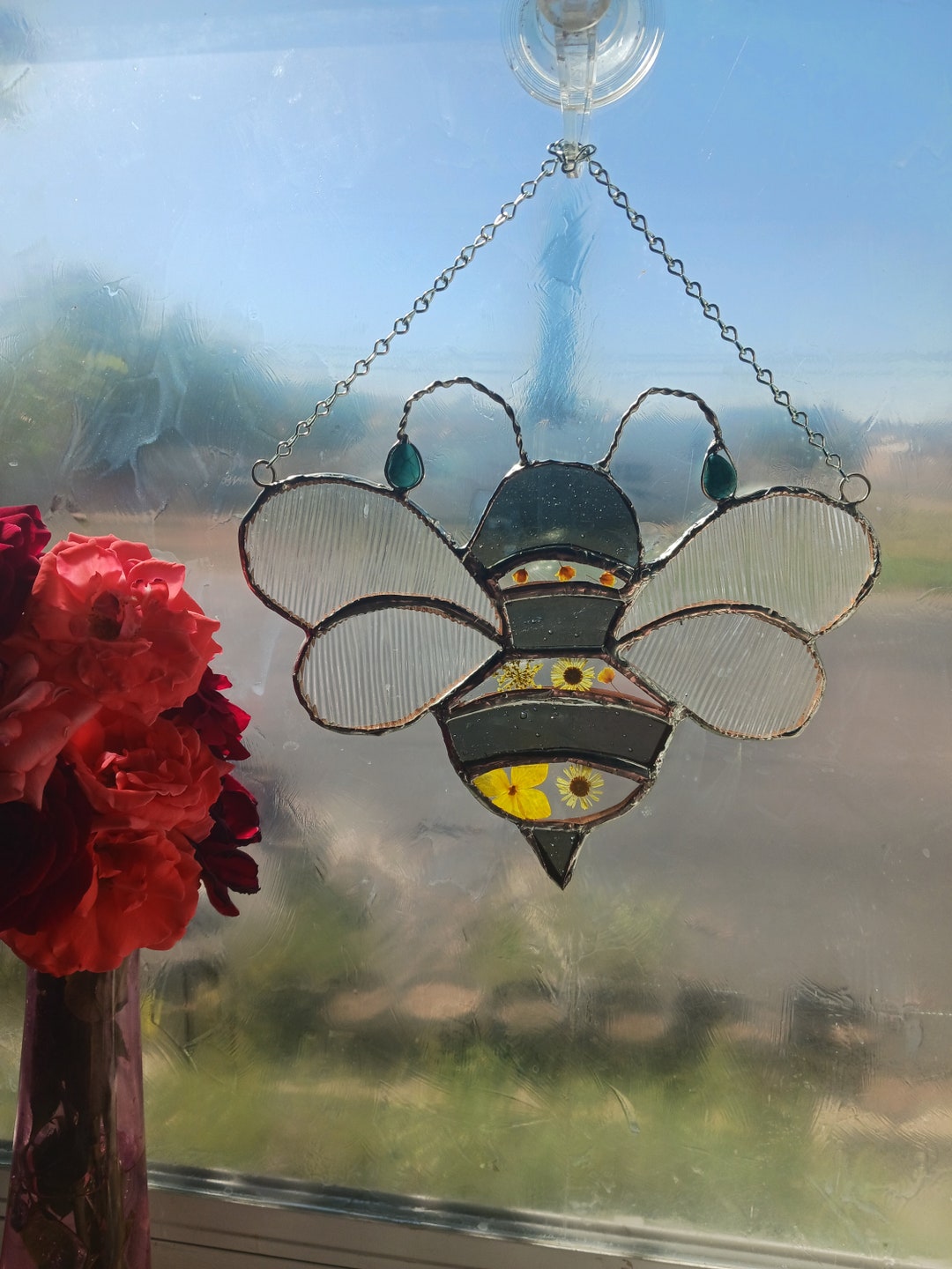 Stained Glass Bumble Bee Sun Catcher With Dried Flowers - Etsy