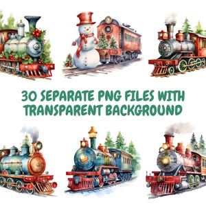 Watercolor Christmas Trains Clipart Bundle, Holiday Train Clipart, Red ...