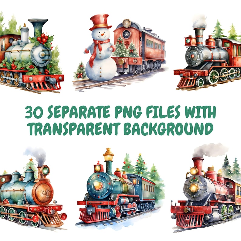 Watercolor Christmas Trains Clipart Bundle, Holiday Train Clipart, Red ...