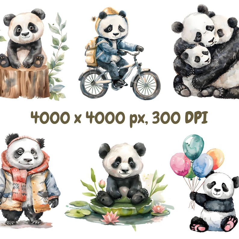 Watercolor Cute Pandas Clipart Bundle, Adorable Panda Clipart, Panda ...