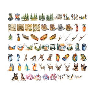 Watercolor Camping Clipart Bundle, Forest Adventure Clipart, Campsite ...