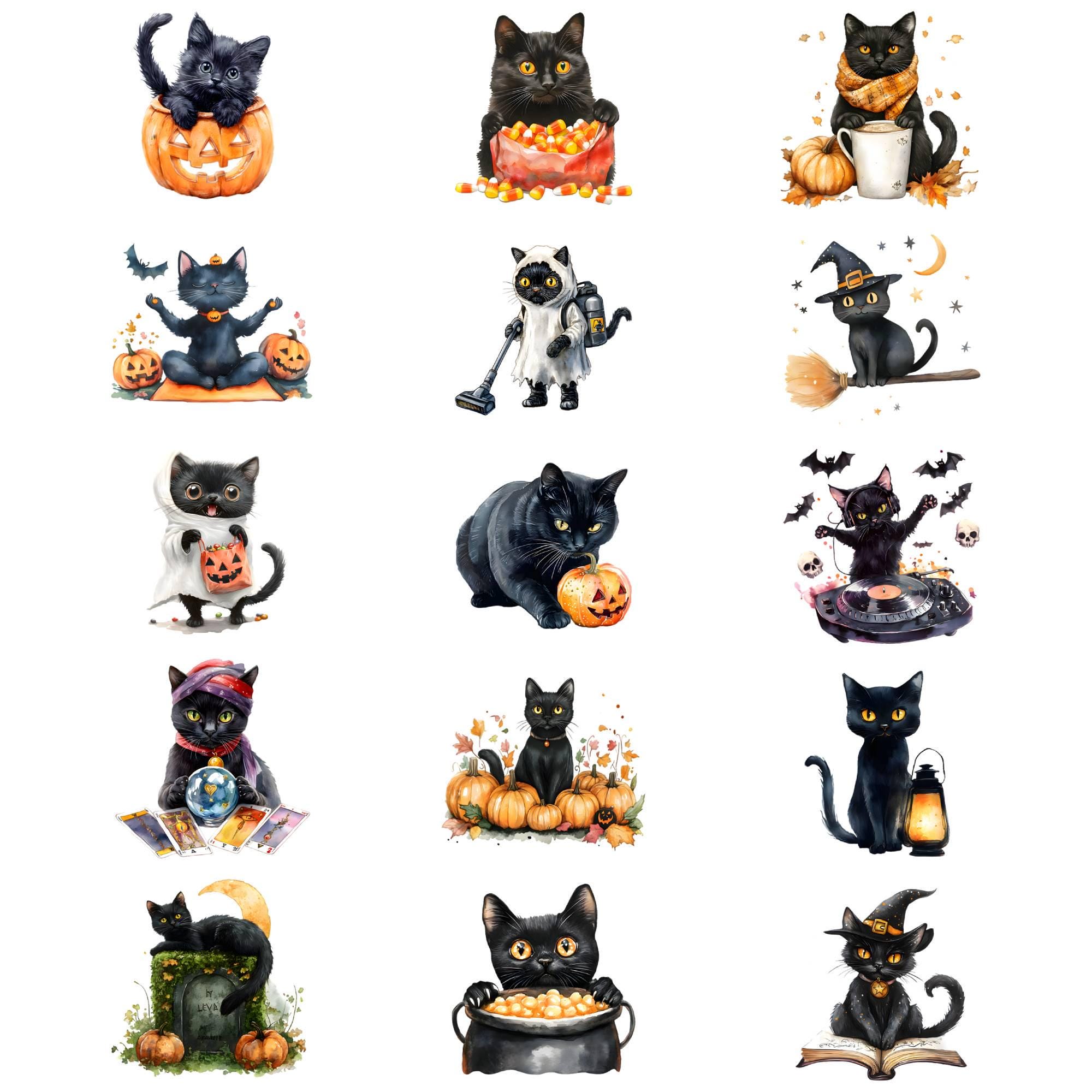 Watercolor Black Cat Clipart Bundle, Halloween Cat Clipart, Autumn Cat ...