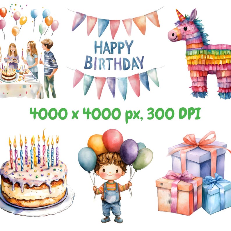 Watercolor Birthday Party Clipart Bundle, Birthday Present Clipart ...