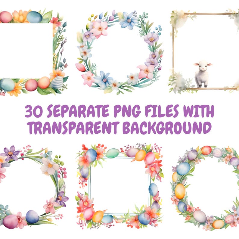 Watercolor Easter Frames Clipart Bundle, Floral Easter Wreath PNG ...