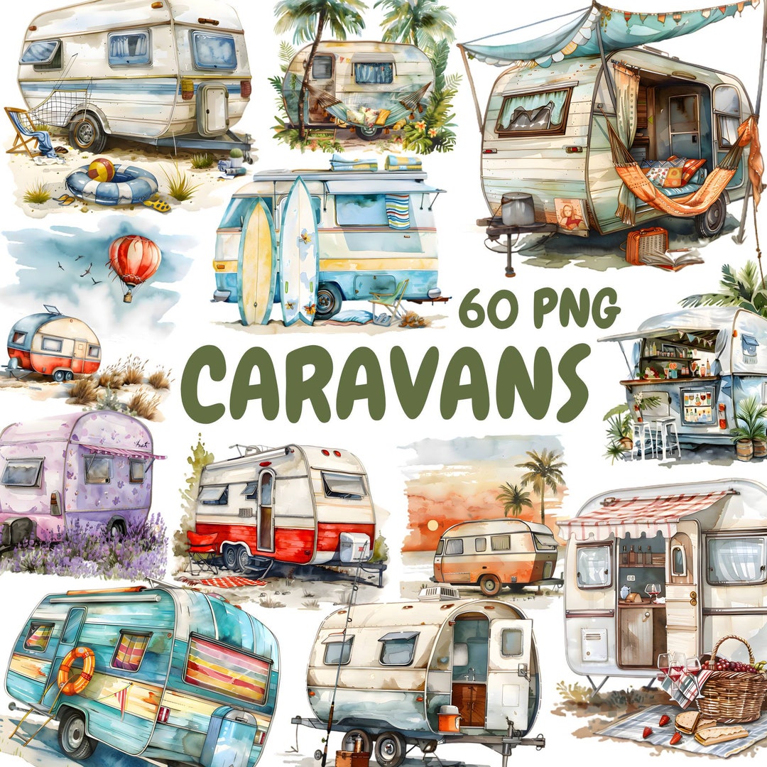 Watercolor Caravans Clipart Bundle, Camper Trailer Clipart, Camping ...