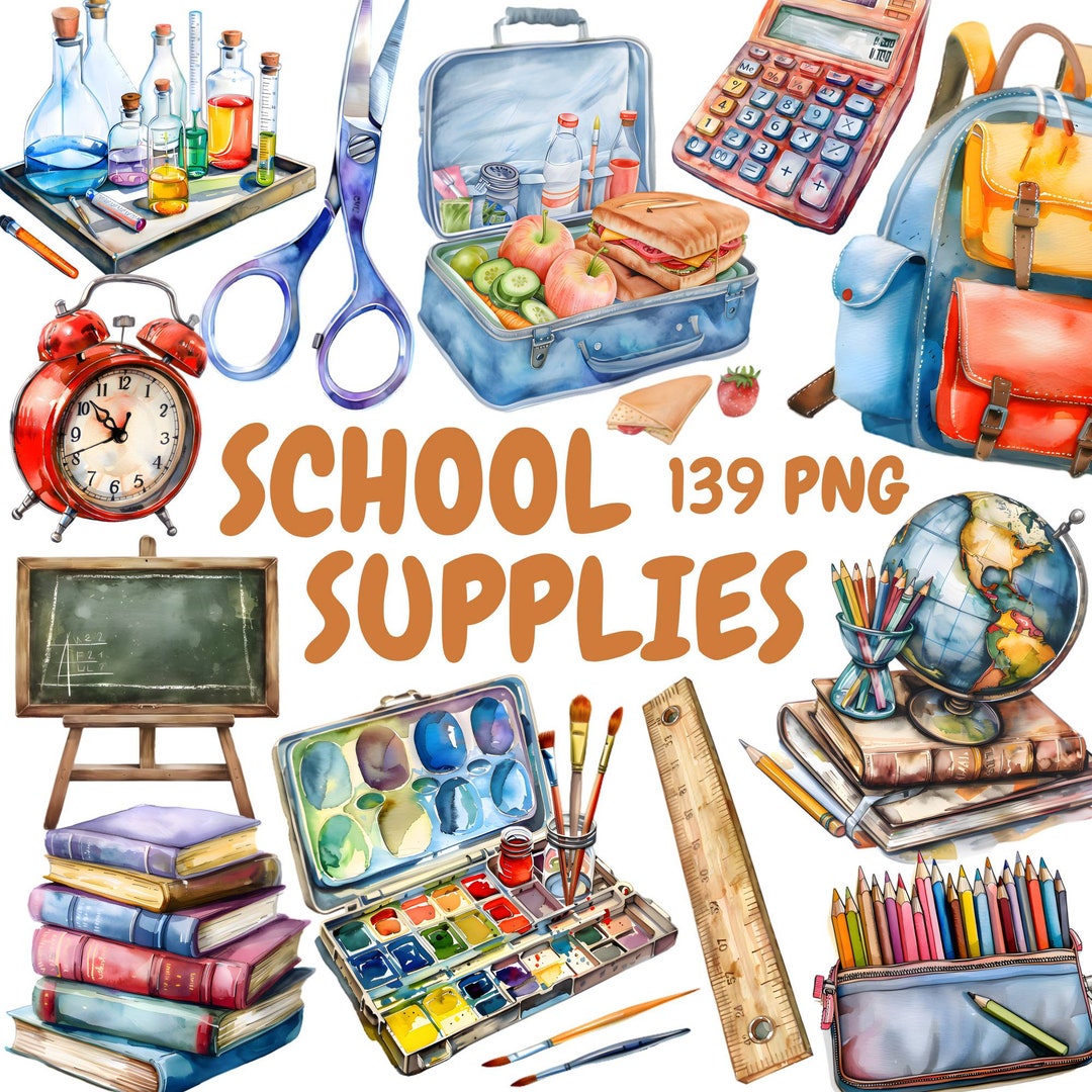 Watercolor School Supplies Clipart Bundle, School Supply Clipart ...