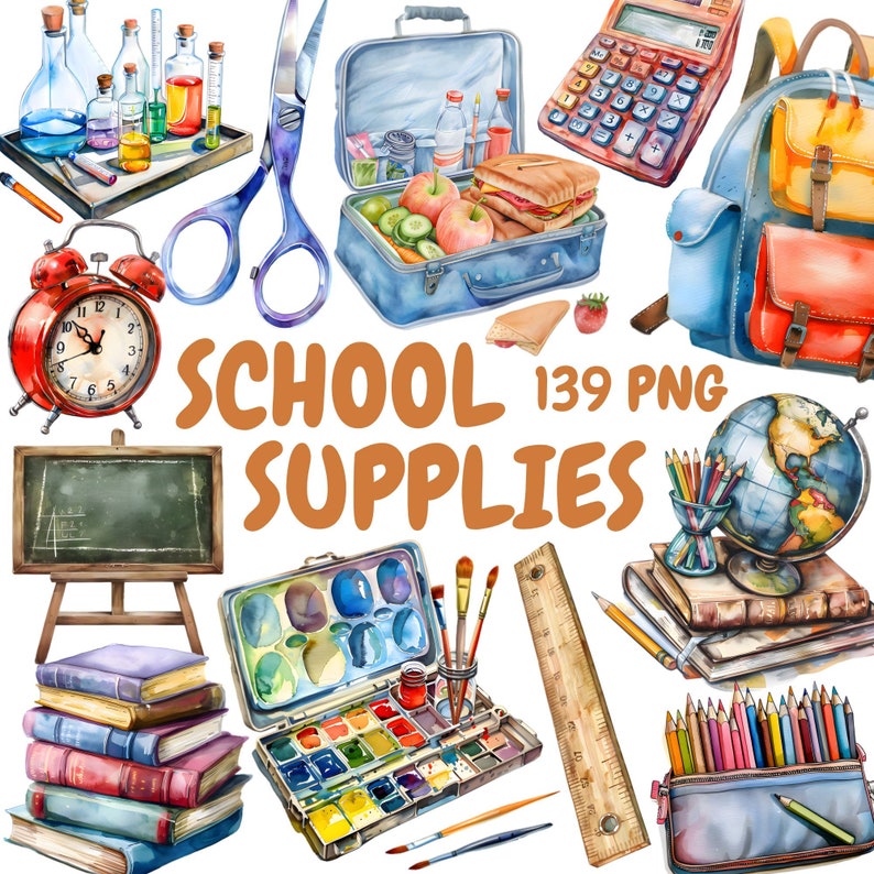 Watercolor School Supplies Clipart Bundle, School Supply Clipart ...