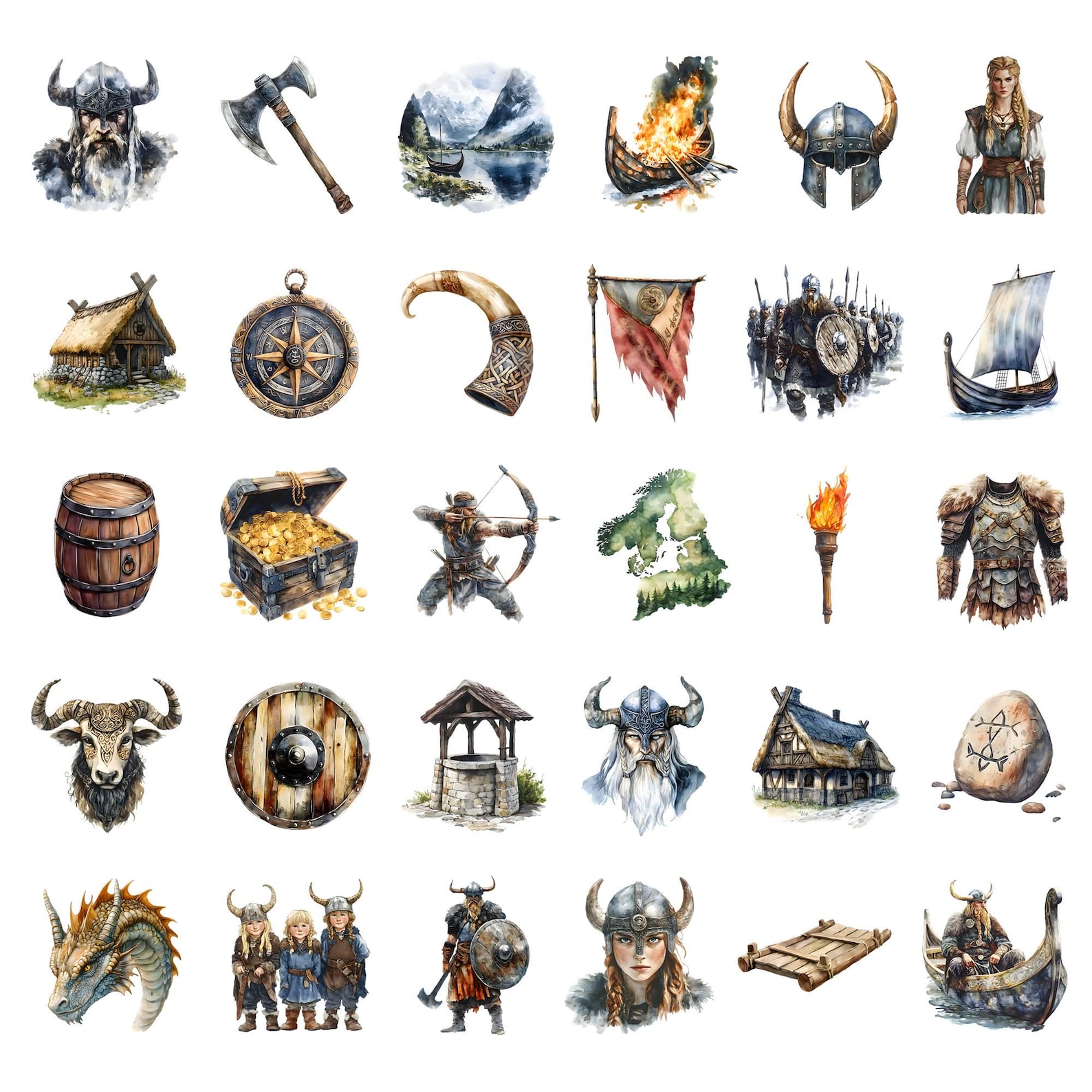 Watercolor Vikings Clipart Bundle, Nordic Viking Clipart, Knight ...