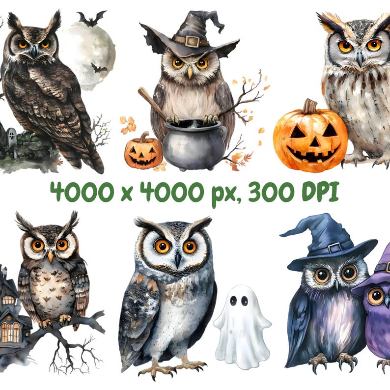 Watercolor Spooky Owls Clipart Bundle, Halloween Owl Clipart, Magic Owl ...