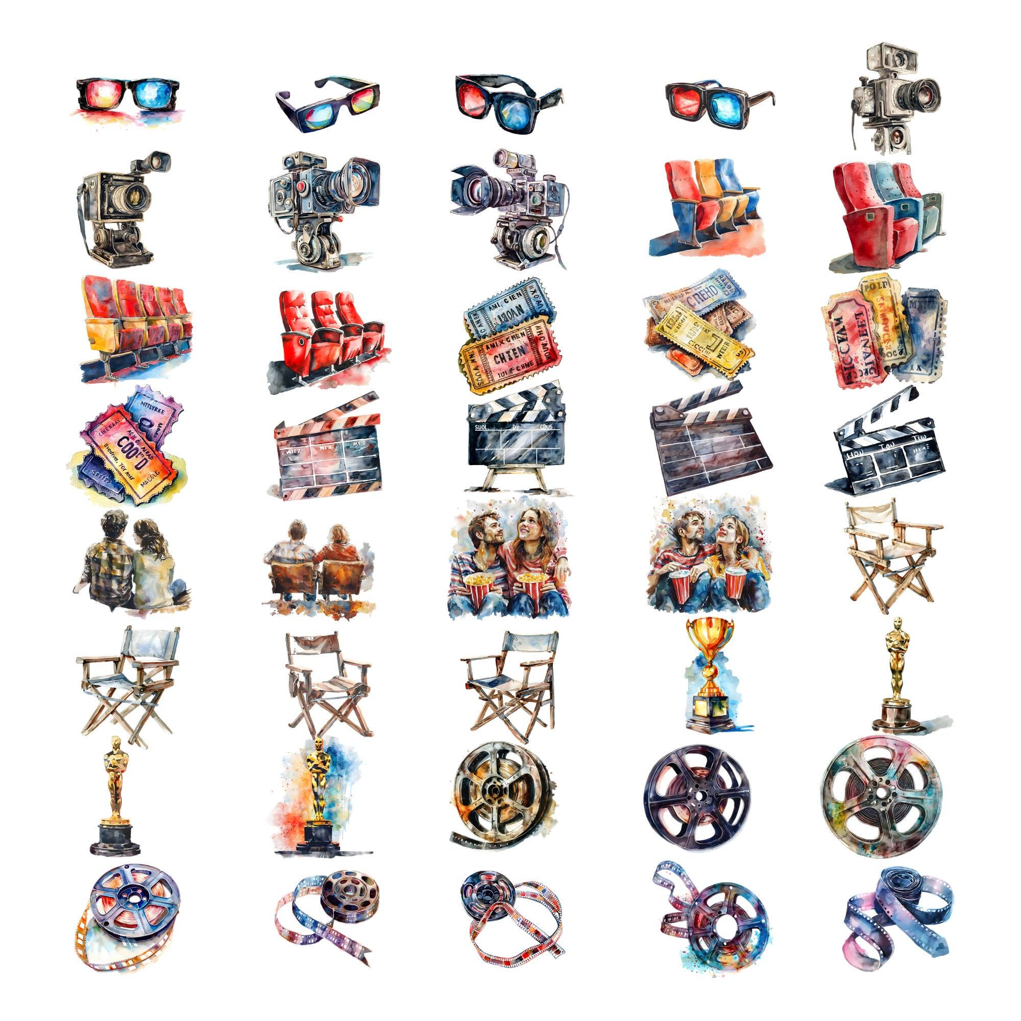 Watercolor Movie Night Clipart Bundle, Movie Theater Clipart, Cinema ...