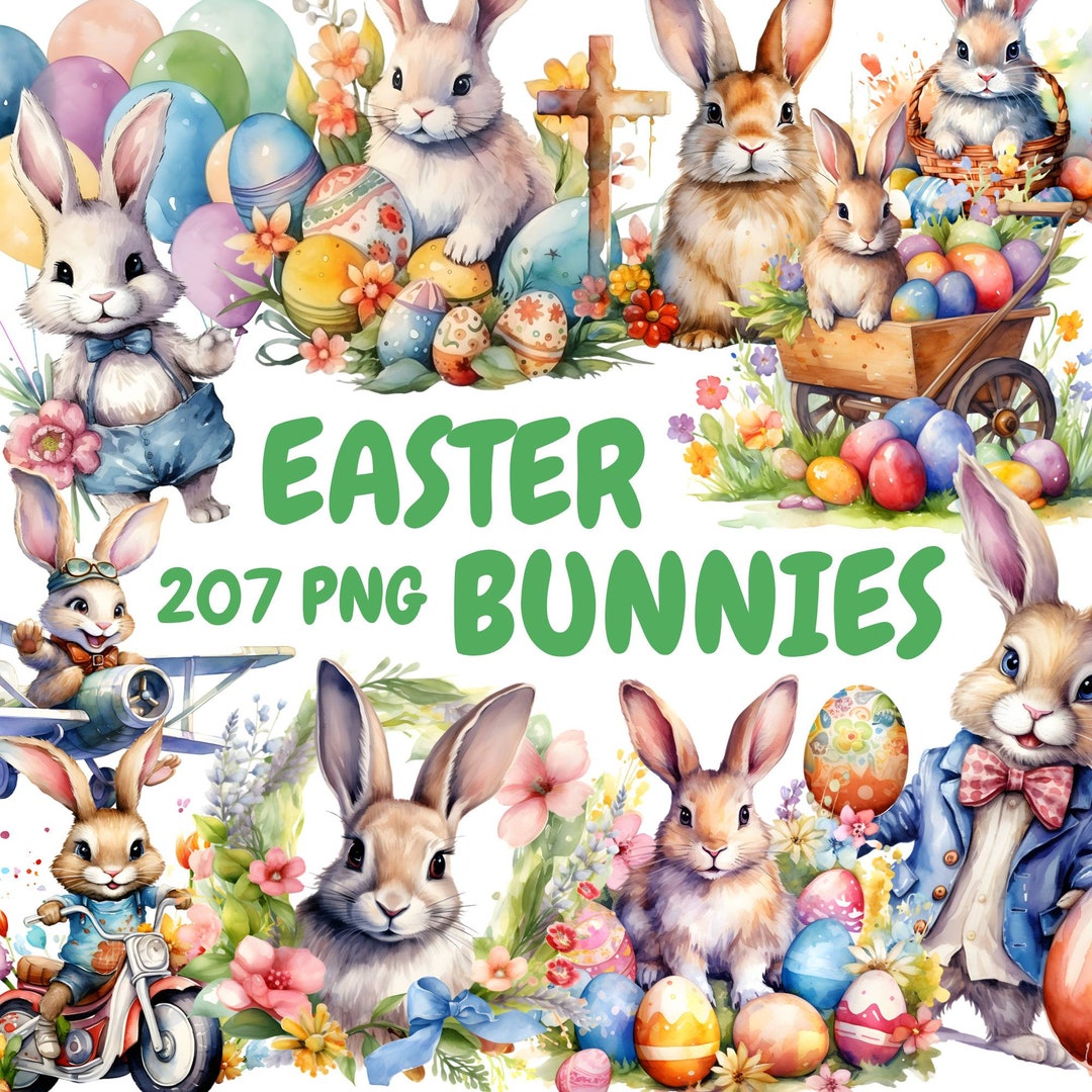 Watercolor Easter Bunnies Clipart Bundle, Cute Easter Bunny PNG, Happy ...