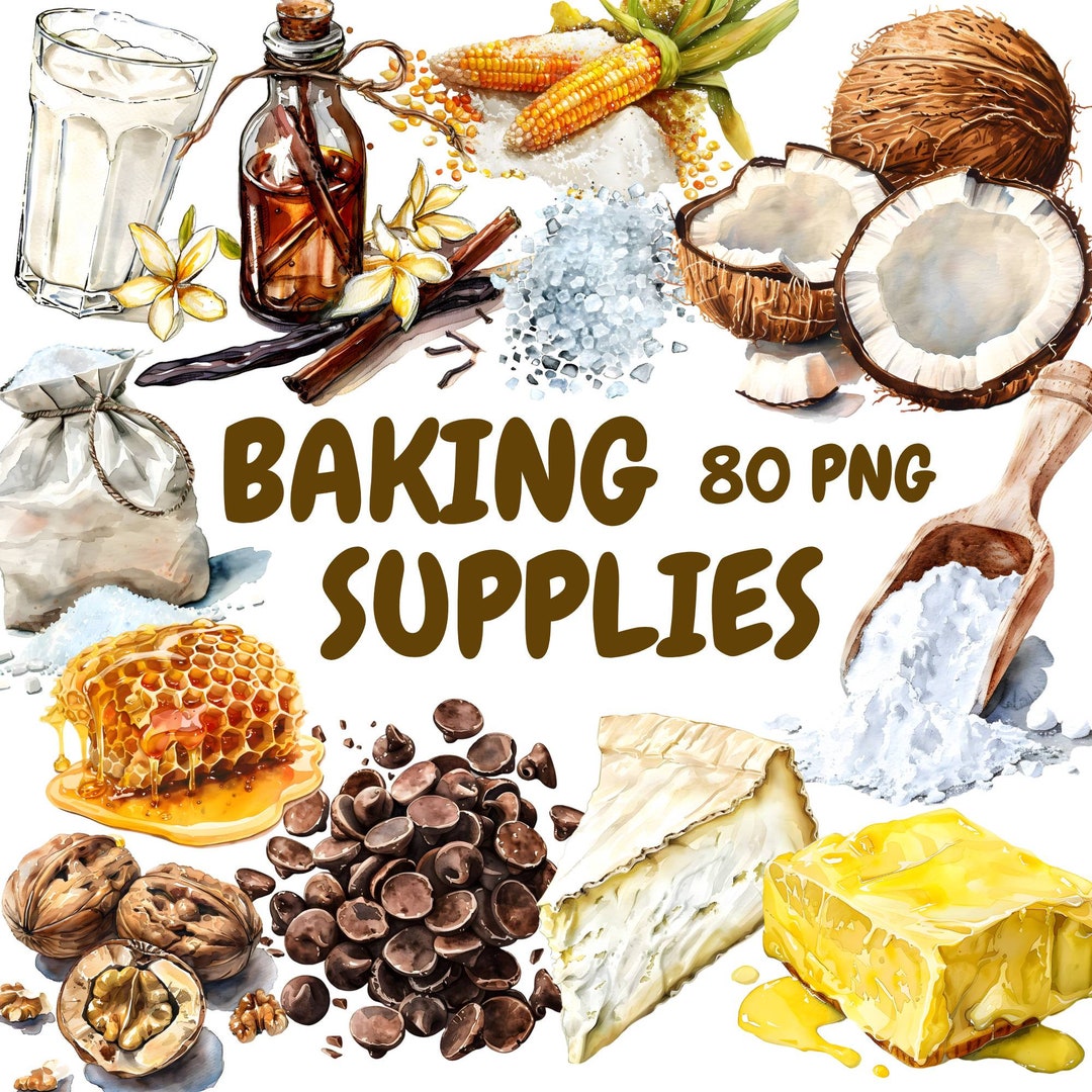 Watercolor Baking Supplies Clipart Bundle, Baking Ingredients Clipart ...