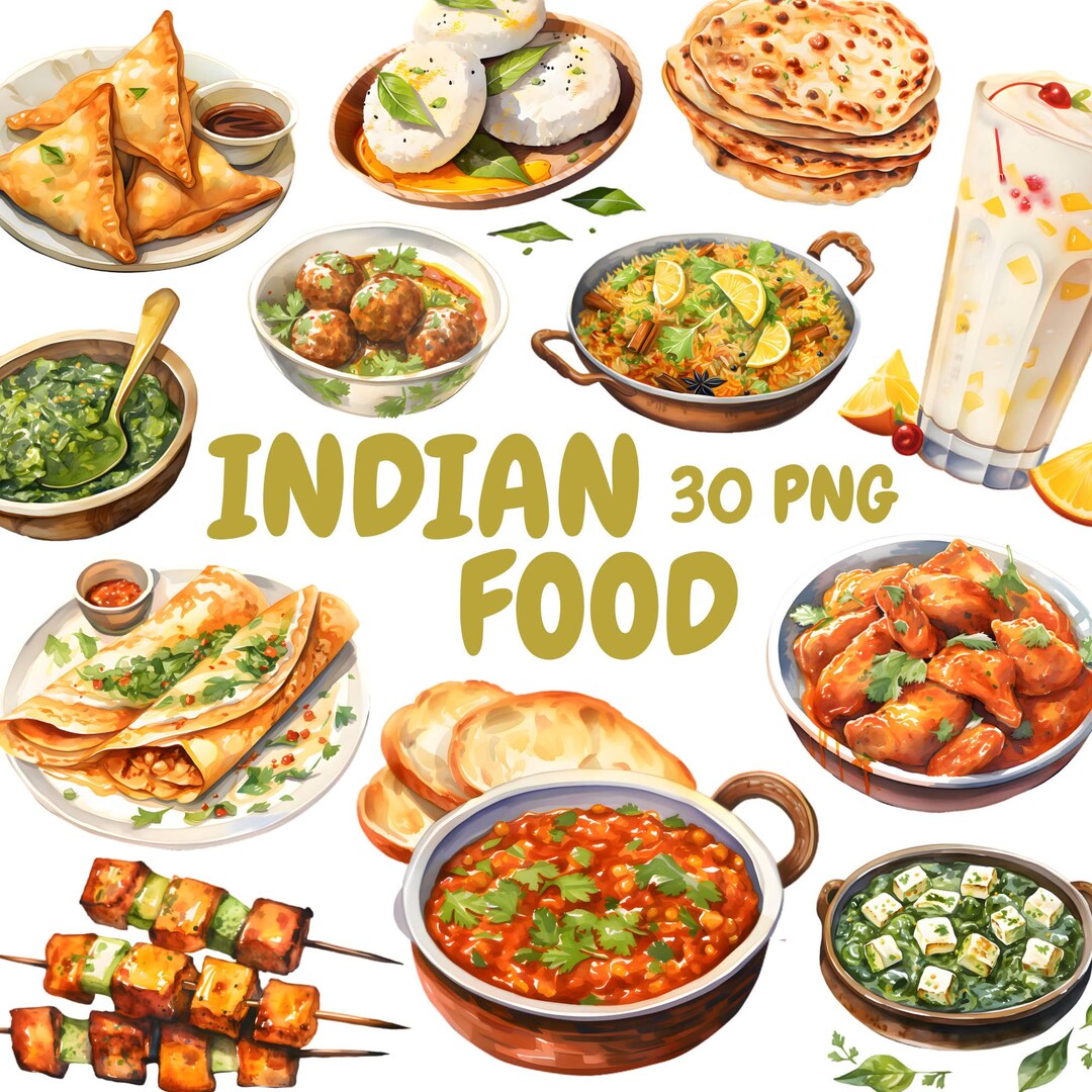 Watercolor Indian Food Clipart Bundle, Indian Cuisine Clipart, Dinner ...