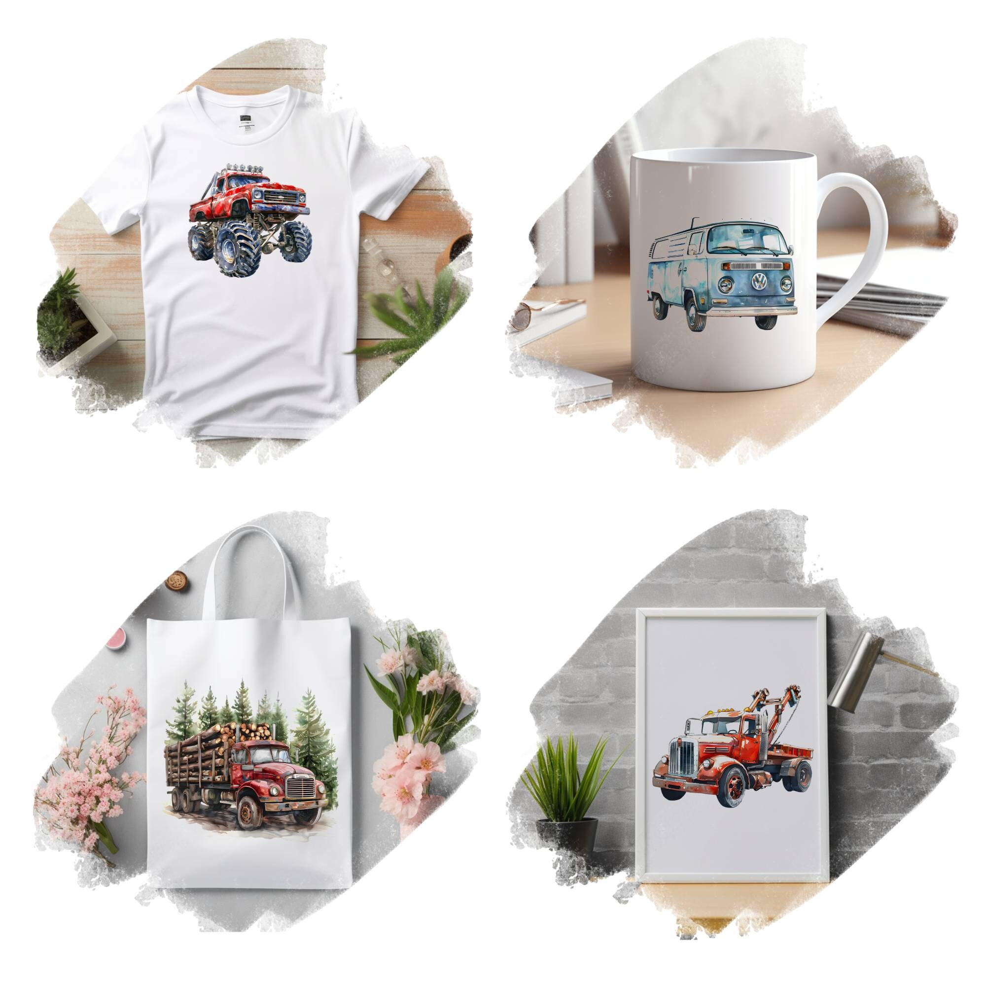 Watercolor Trucks Clipart Bundle, Pickup Truck Clipart, Transportation ...