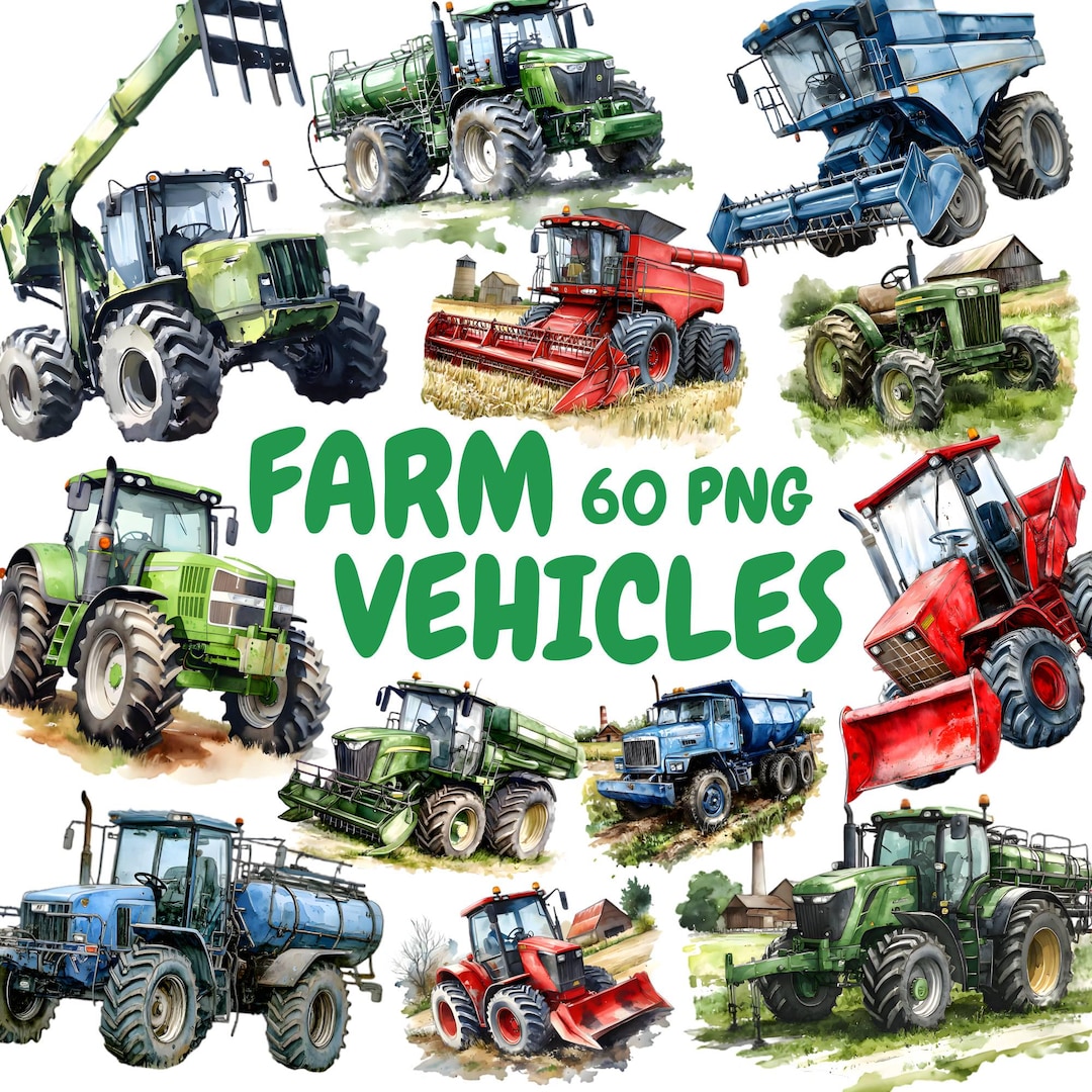 Watercolor Farm Vehicles Clipart Bundle, Combine Harvester Clipart ...